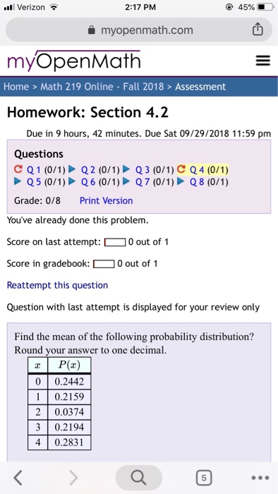 Solved Verizon 2:17 PM @ 45%. , a myopenmath.com Grade: 0/8 | Chegg.com