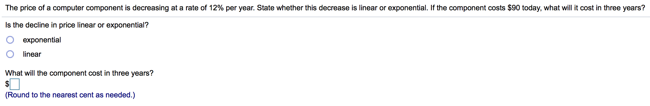 Solved The price of a computer component is decreasing at a | Chegg.com