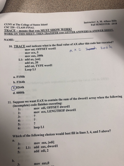 trace and indicate what is the final value of ax | Chegg.com