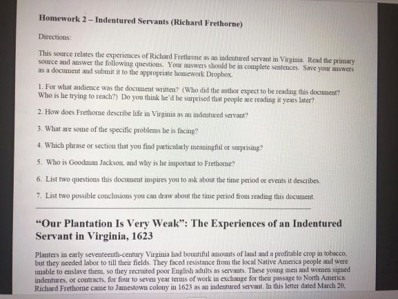 Solved Homework 2 - Indentured Servants (Richard Frethorne) | Chegg.com