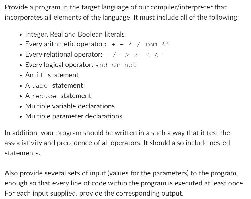 Solved Provide a program in the target language of our | Chegg.com