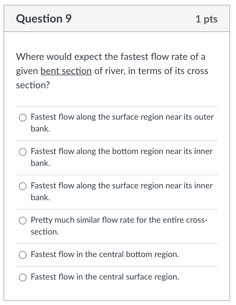 Solved Question 9 1 pts Where would expect the fastest flow | Chegg.com