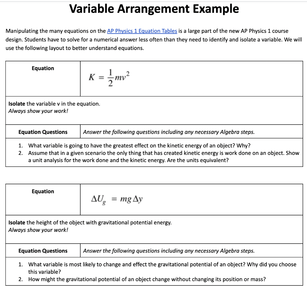 Solved Variable Arrangement Example Manipulating the many | Chegg.com