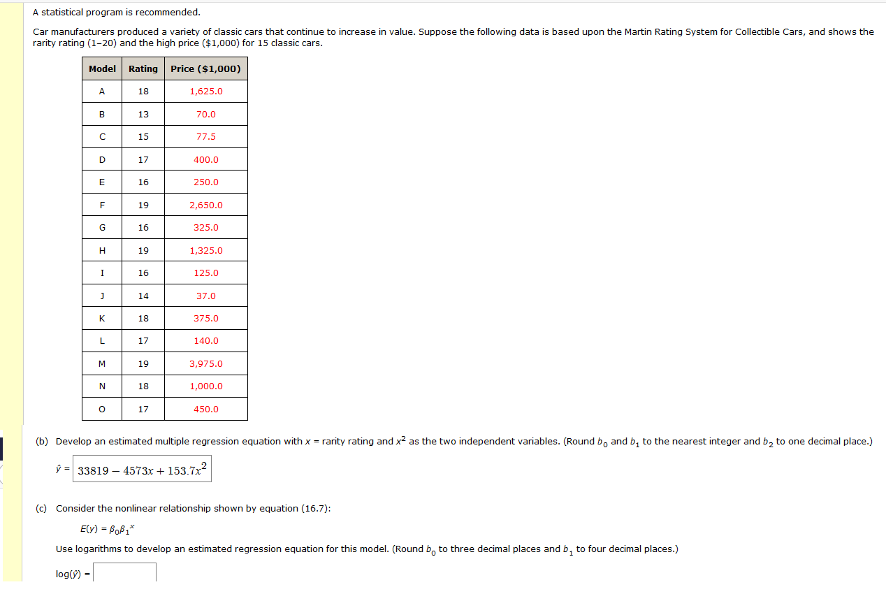 A statistical program is recommended. Car | Chegg.com