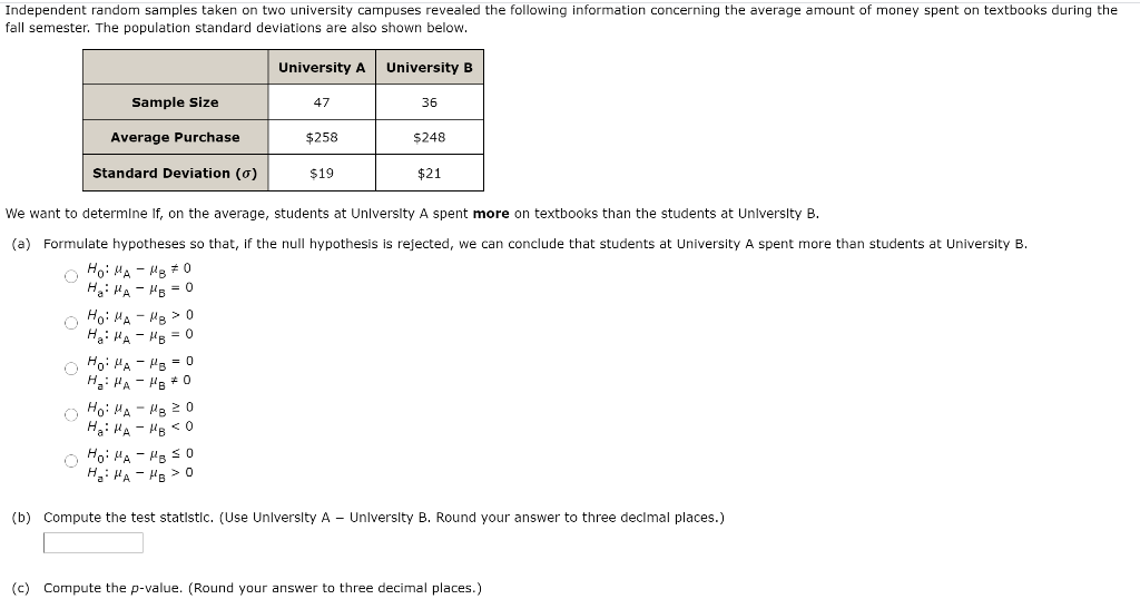 Solved Independent random samples taken on two university | Chegg.com