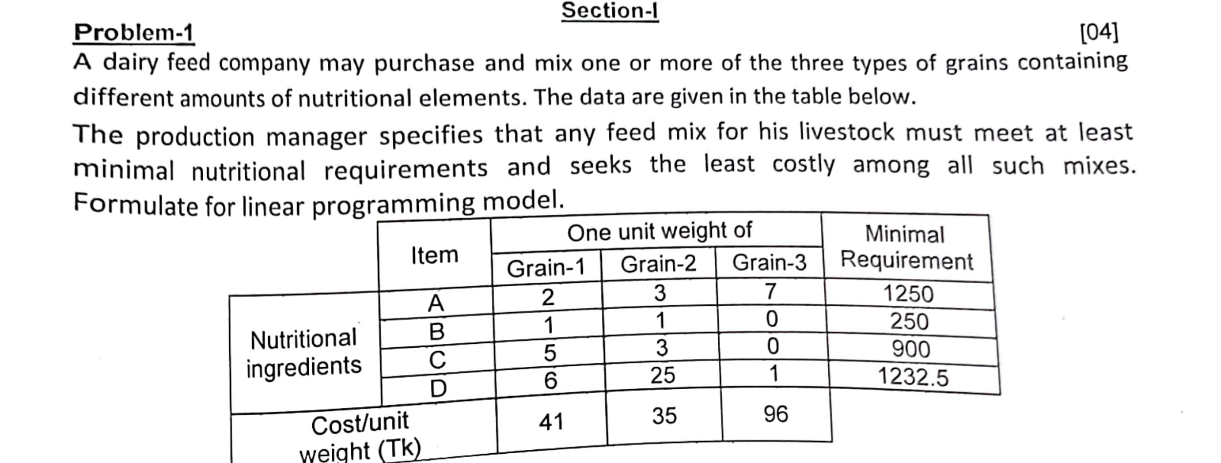 Solved Section-1 Problem-1 [04] A dairy feed company may | Chegg.com