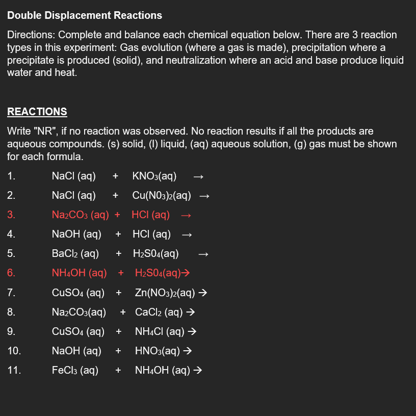 Solved Double Displacement Reactions Directions: Complete | Chegg.com