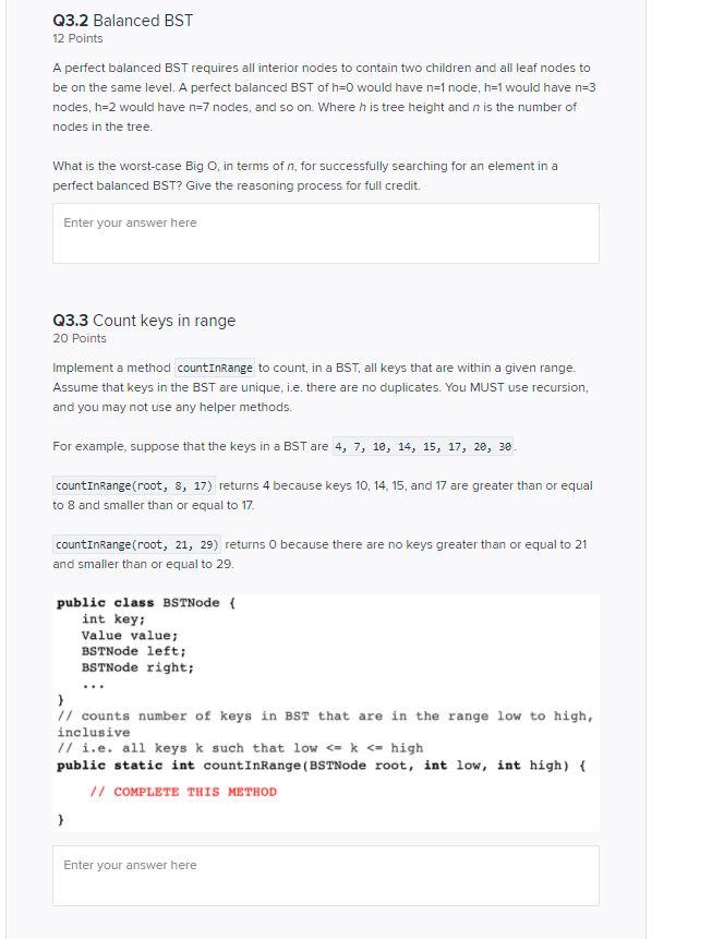 Solved Q3.2 Balanced BST 12 Points A perfect balanced BST | Chegg.com