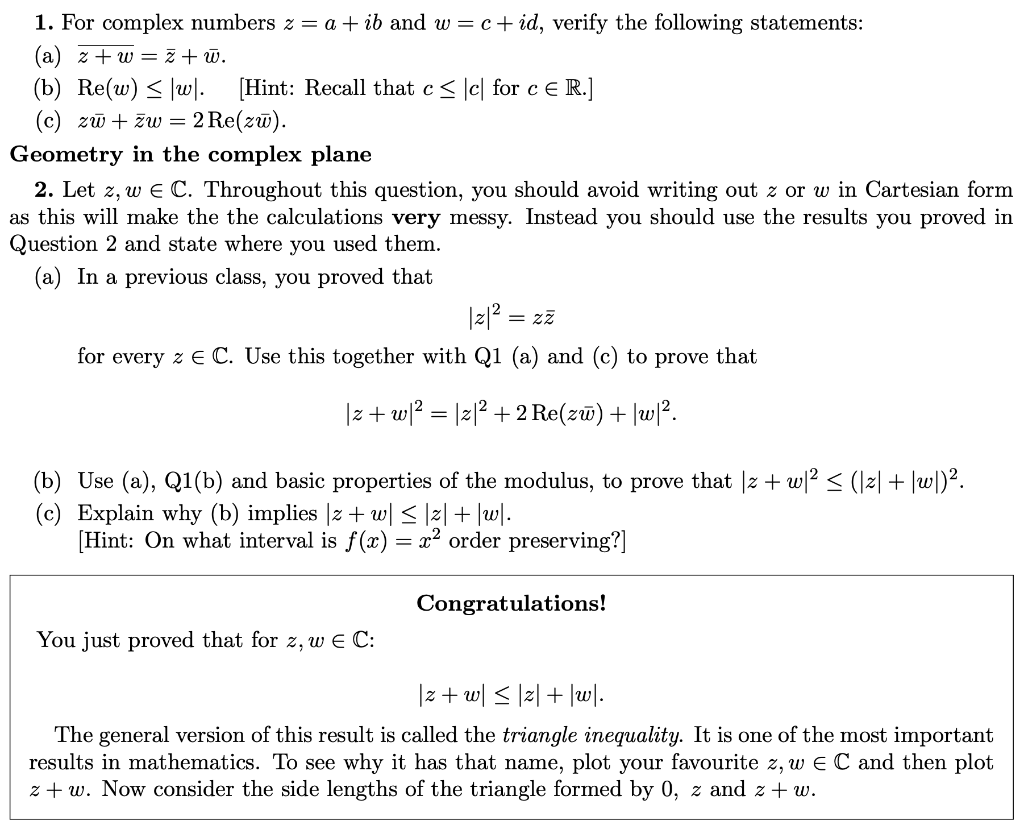 Solved 1. For complex numbers z = a + ib and w=c+id, verify | Chegg.com