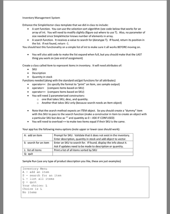 Solved Inventory Management System Enhance the SimpleVector | Chegg.com