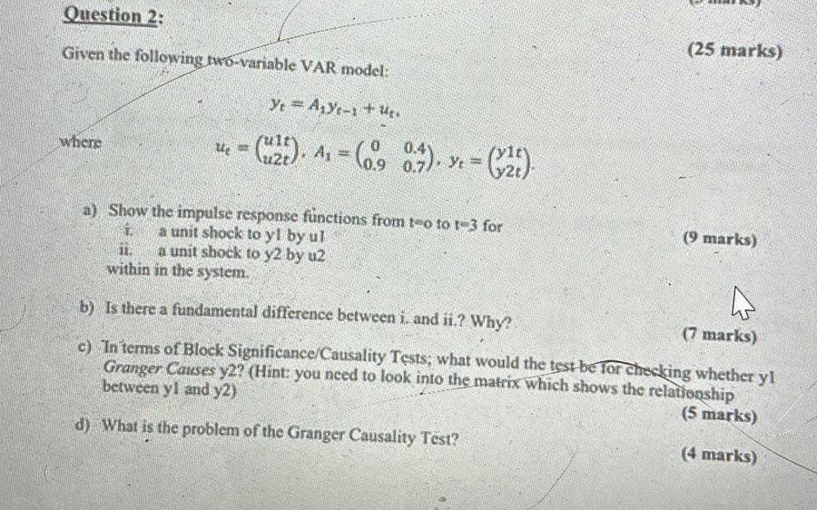 Solved Given The Following Two Variable Var Model 25 5082