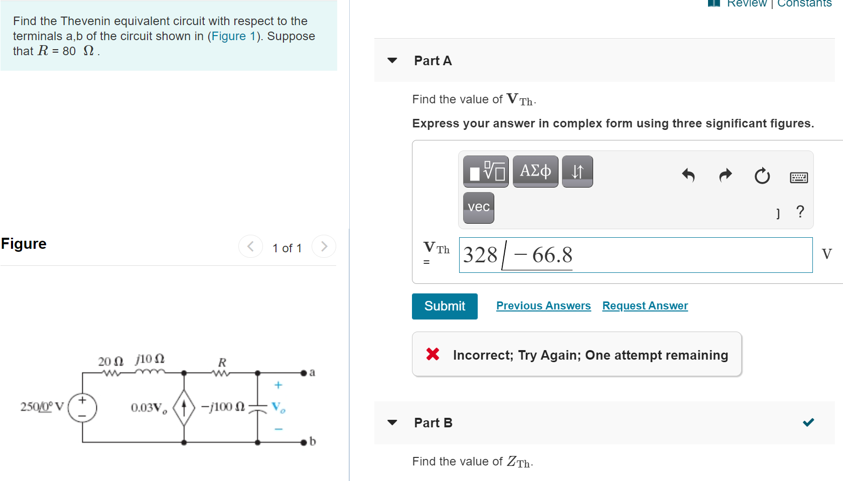 Solved 1 Review | Constants Find the Thevenin equivalent | Chegg.com