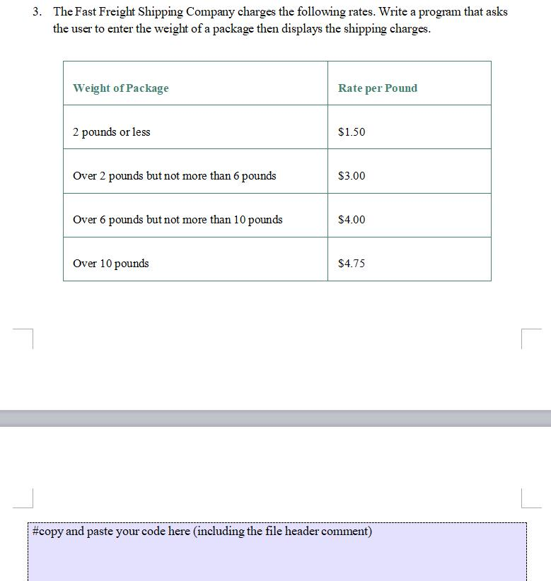 Solved The Fast Freight Shipping Company charges the | Chegg.com