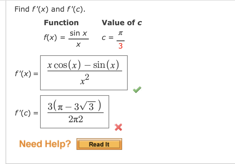 Solved Value of a Find f'(x) and f'(c). Function sin x f(x) | Chegg.com