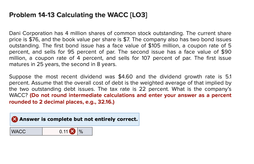 Solved Problem 14-13 Calculating the WACC (LO3] Dani | Chegg.com