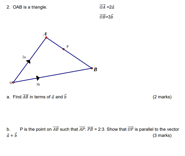 Solved 2. OAB is a triangle. A OA =2ä OB=3b 2a P B 00 3b (2 | Chegg.com