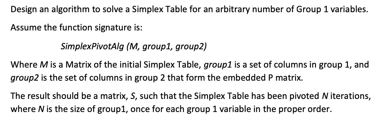 Solved Design an algorithm to solve a Simplex Table for an | Chegg.com