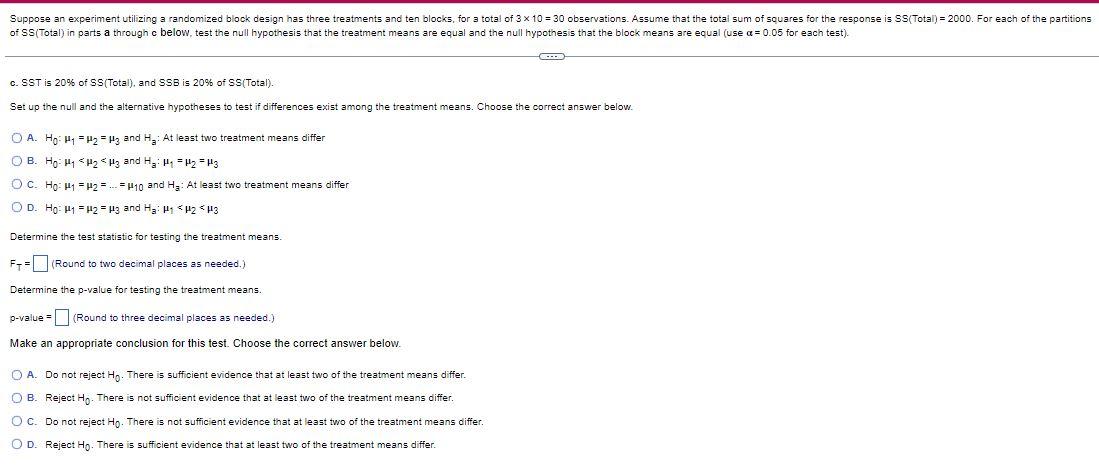 Solved Suppose an experiment utilizing a randomized block | Chegg.com