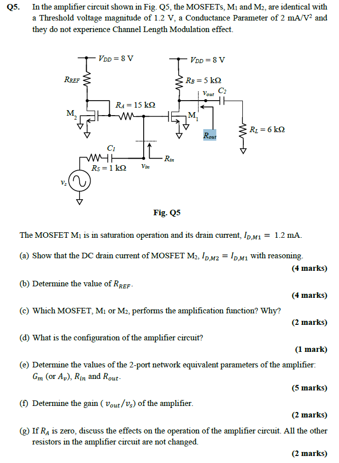 Solved Q5. In the amplifier circuit shown in Fig. Q5, the | Chegg.com