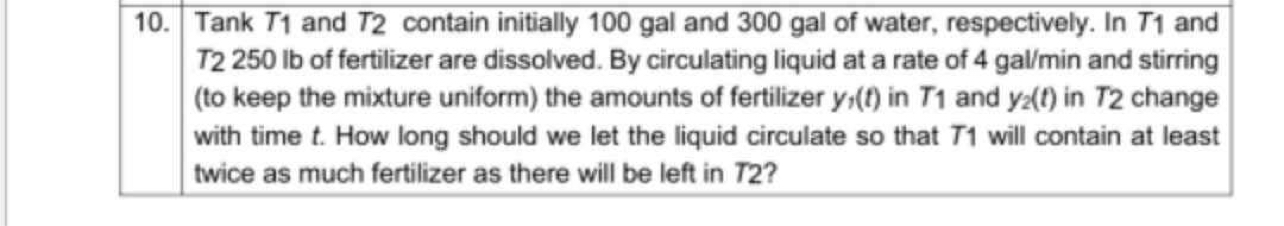 Solved Tank T1 ﻿and T2 ﻿contain initially 100gal and 300gal | Chegg.com