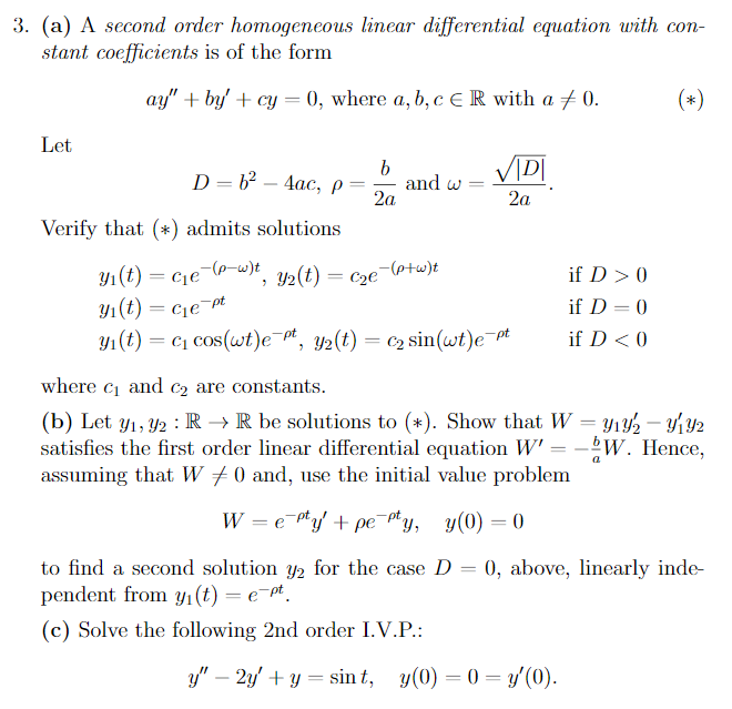 Solved 3. (a) A second order homogeneous linear differential | Chegg.com