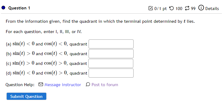 Solved m the information given, find the quadrant in which | Chegg.com