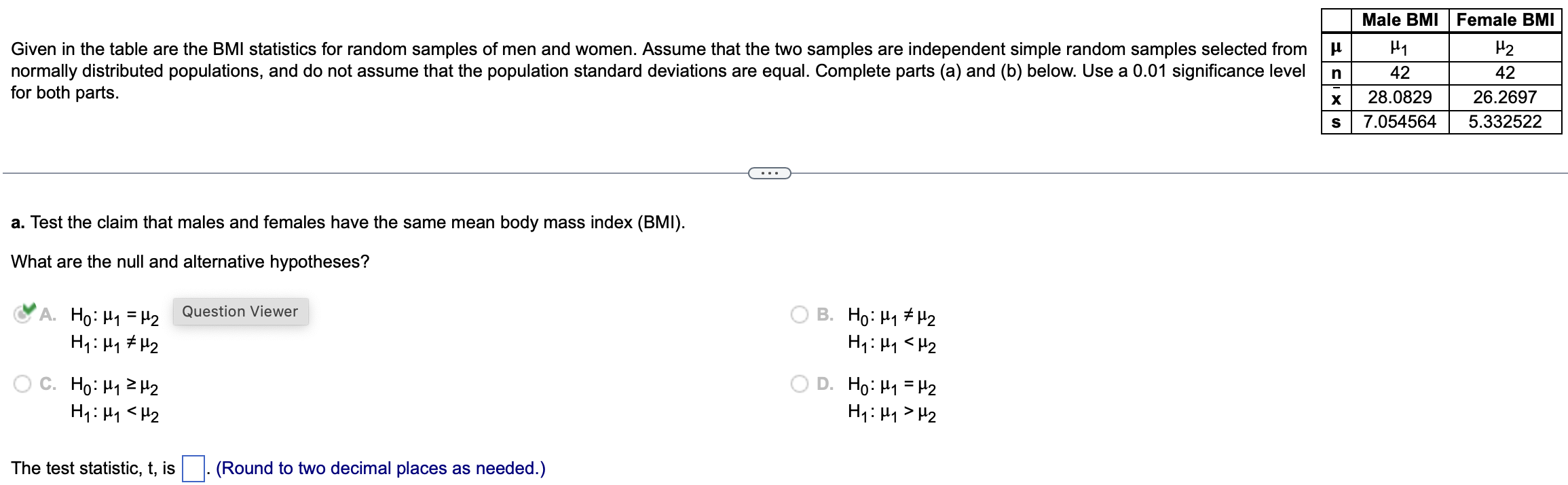 Solved Given in the table are the BMI statistics for random | Chegg.com