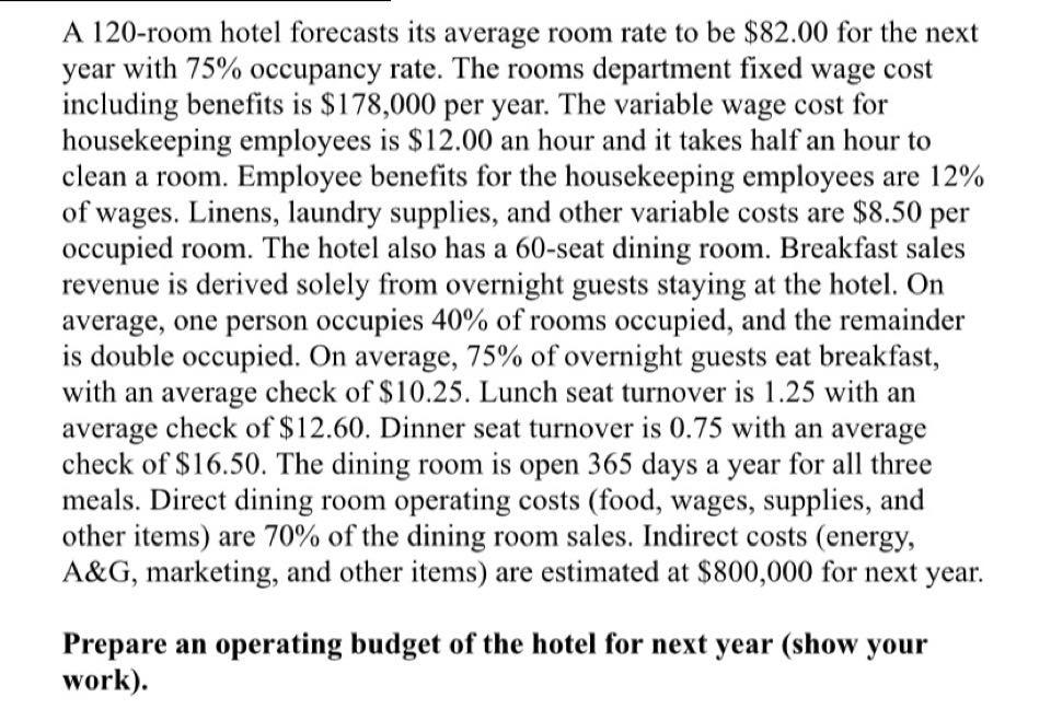Solved A 120-room hotel forecasts its average room rate to | Chegg.com