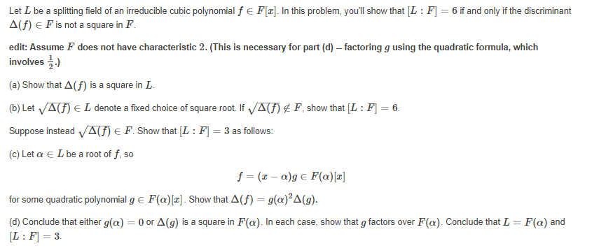 Solved Let L be a splitting field of an irreducible cubic | Chegg.com