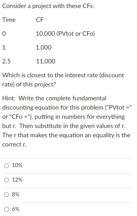 Solved Consider a project with these CFs: Which is closest | Chegg.com