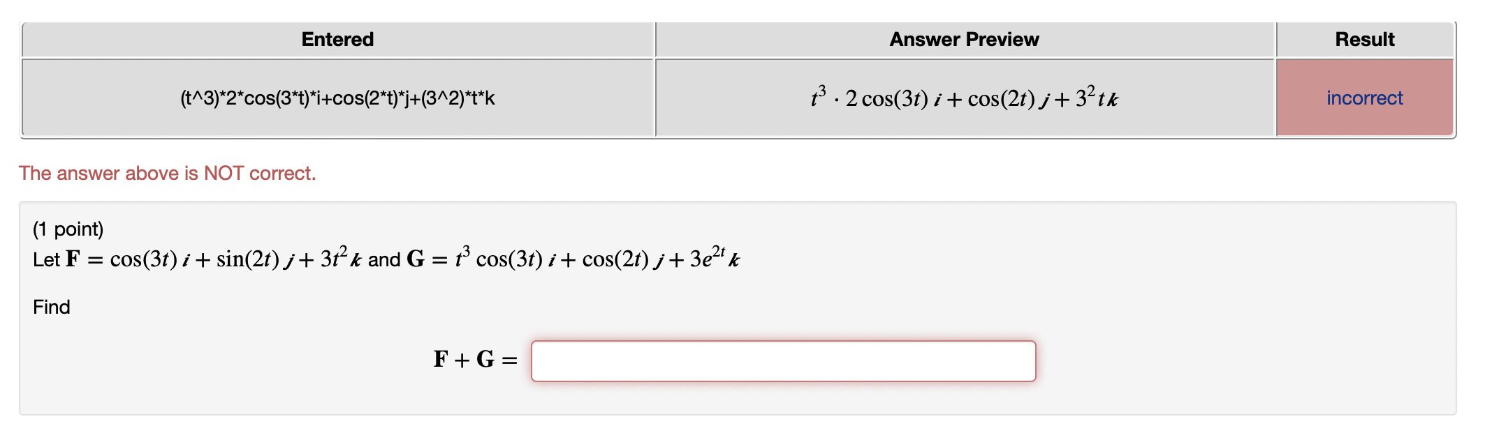 Solved Entered (t^3)*2*cos(3*t)*i+cos(2*t)*j+(3^2)*t*k The | Chegg.com