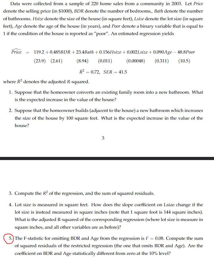 Solved Data were collected from a sample of 220 home sales | Chegg.com
