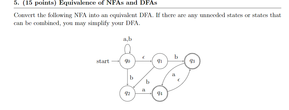 Solved 5. (15 points) Equivalence of NFAs and DFAs Convert | Chegg.com