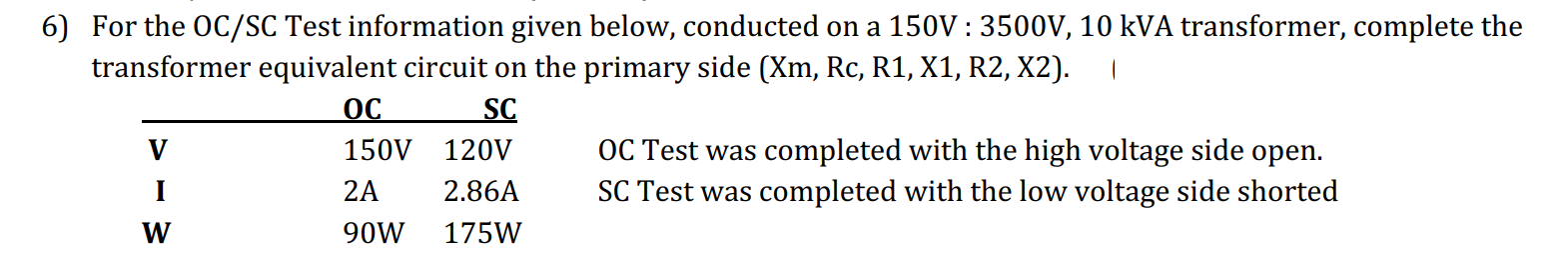 Solved 1 6) For the OC/SC Test information given below, | Chegg.com