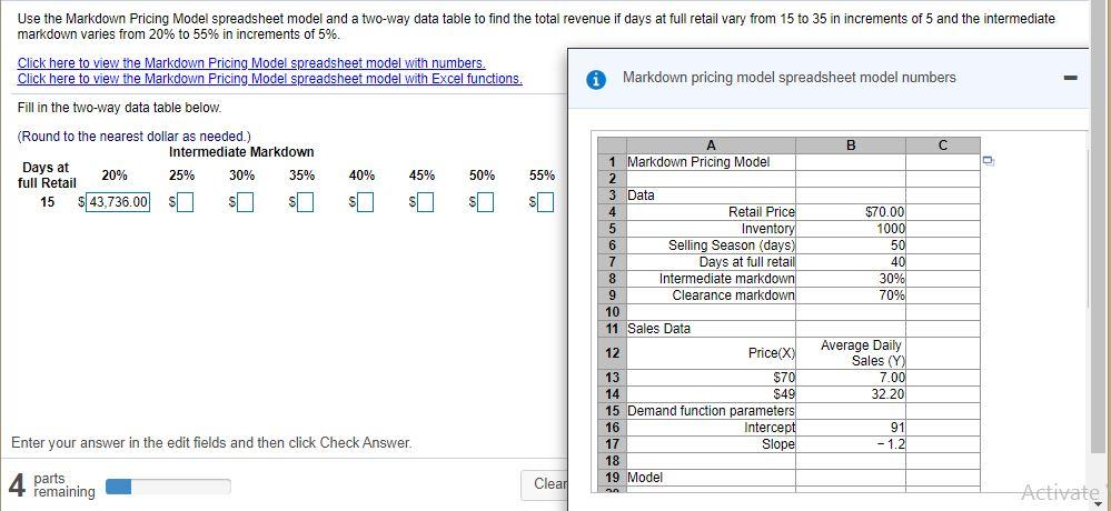 Solved Use the Markdown Pricing Model spreadsheet model and | Chegg.com