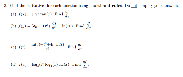 Solved 3. Find the derivatives for each function using | Chegg.com
