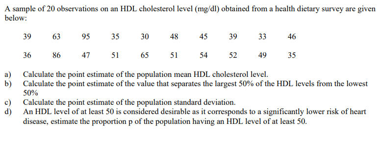 Solved A sample of 20 observations on an HDL cholesterol | Chegg.com