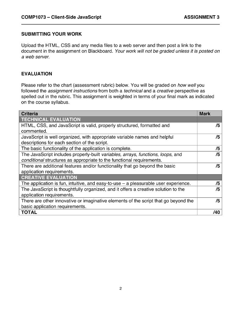 Solved COMP1073 - Client-Side JavaScript ASSIGNMENT 3 To-Do | Chegg.com