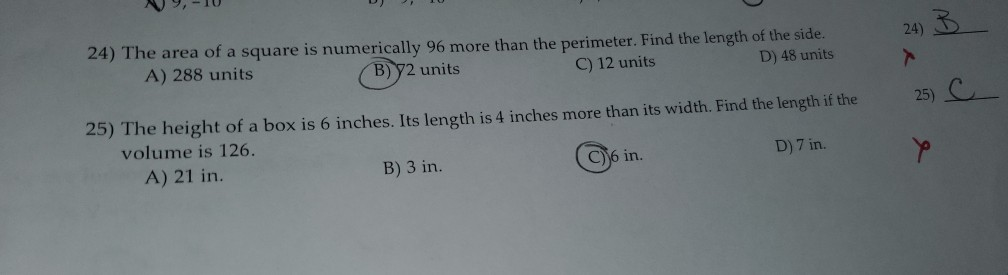 Solved 24) The area of a square is numerically 96 more than | Chegg.com