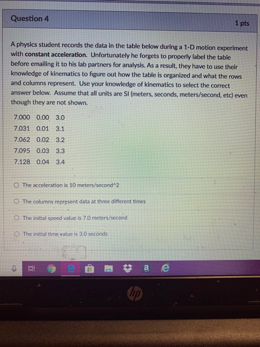 Solved Question 4 1 pts A physics student records the data | Chegg.com