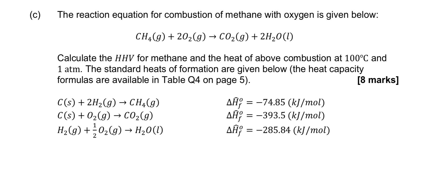 Solved (c) The reaction equation for combustion of methane | Chegg.com