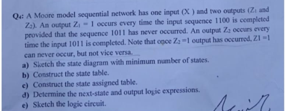Q4: A Moore model sequential network has one input | Chegg.com