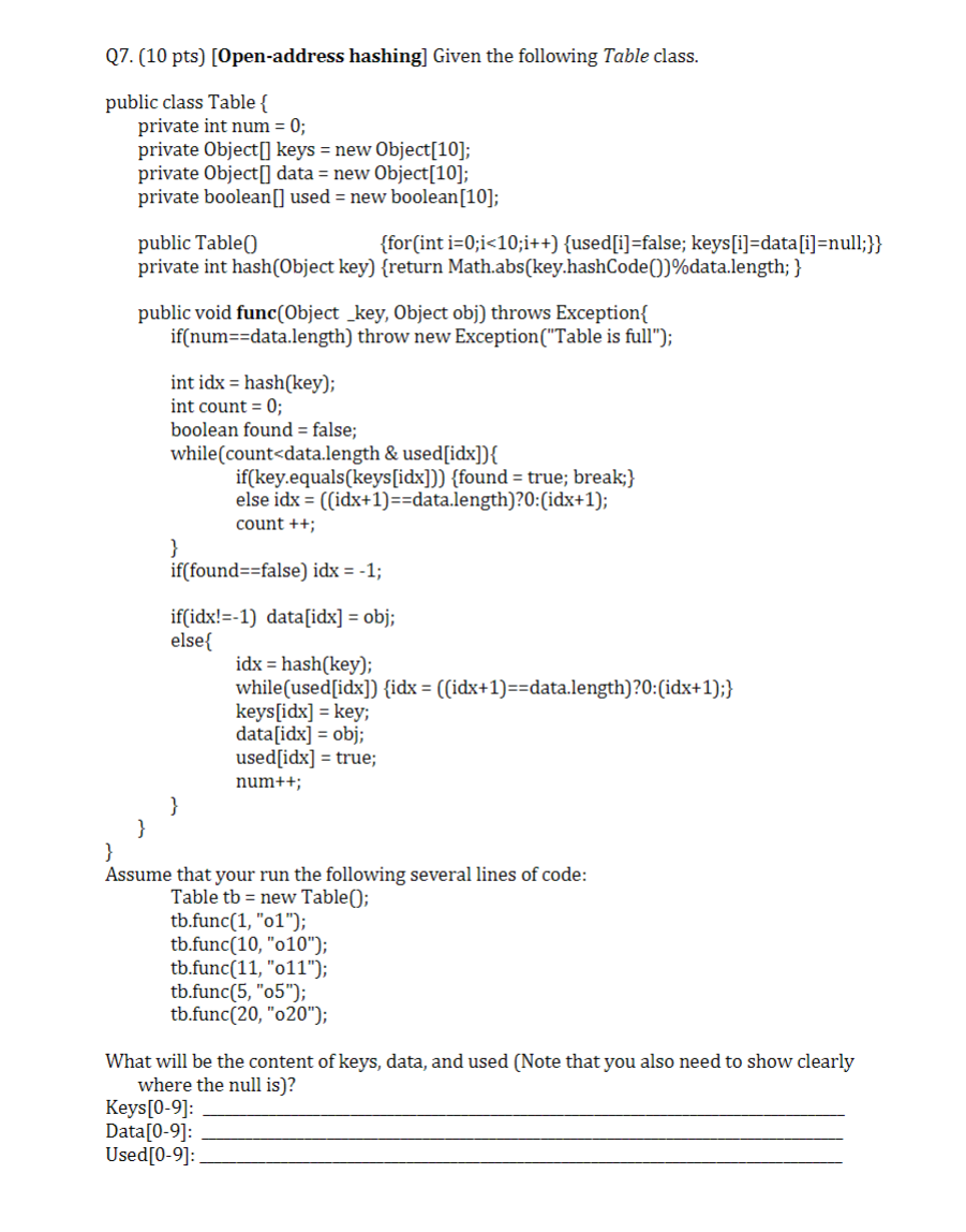 Solved Q7. (10 pts) [Open-address hashing] Given the | Chegg.com