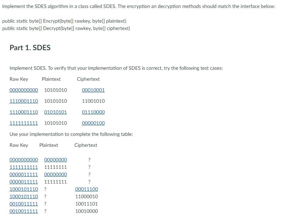 Implement The Sdes Algorithm In A Class Called Sdes 
