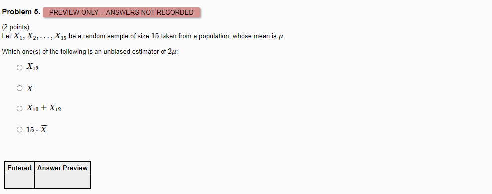 Solved Problem 5. PREVIEW ONLY -- ANSWERS NOT RECORDED (2 | Chegg.com
