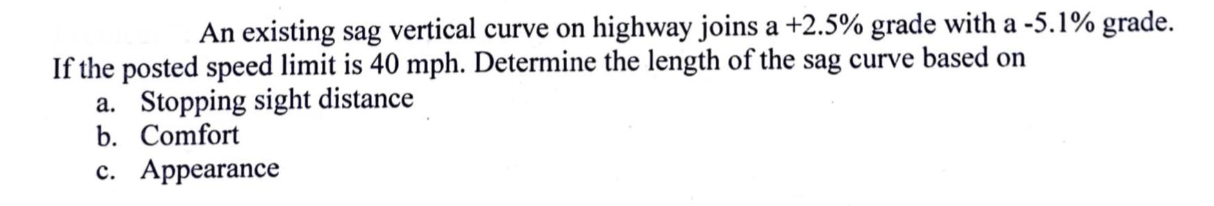 Solved An existing sag vertical curve on highway joins a | Chegg.com