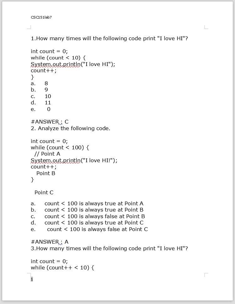 Solved csa 51lab7 1. How many times will the following code | Chegg.com