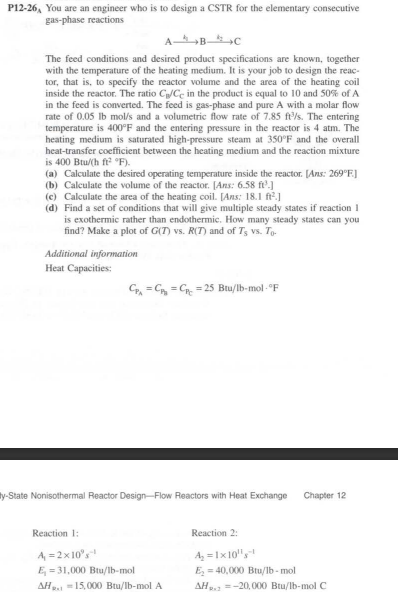 Solved P12-26, You are an engineer who is to design a CSTR | Chegg.com