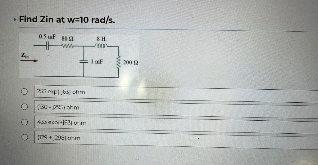 Solved Find Zin at w=10 rad/s. 0.5 mF 80 Ω W 8 H mm Zin I mF | Chegg.com
