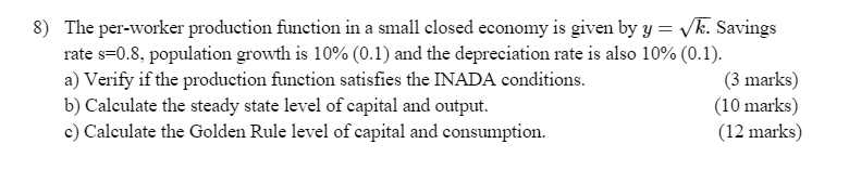 Solved 8) The per-worker production function in a small | Chegg.com